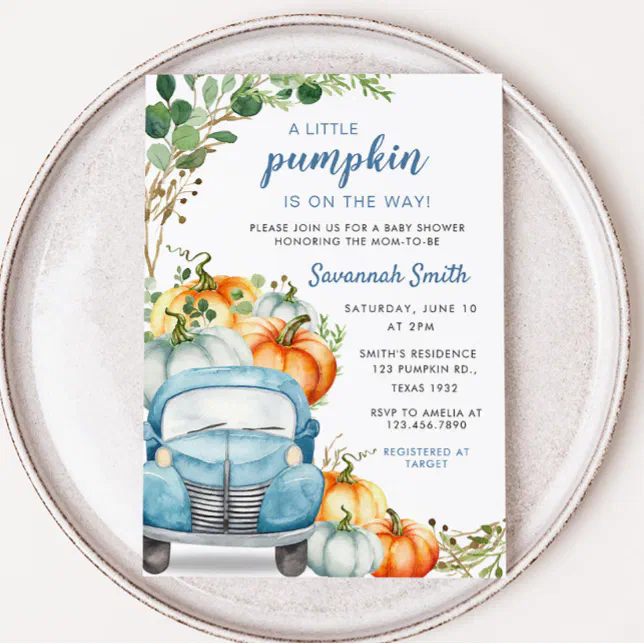 Little Pumpkin Blue Truck Baby Shower Invitation | Zazzle