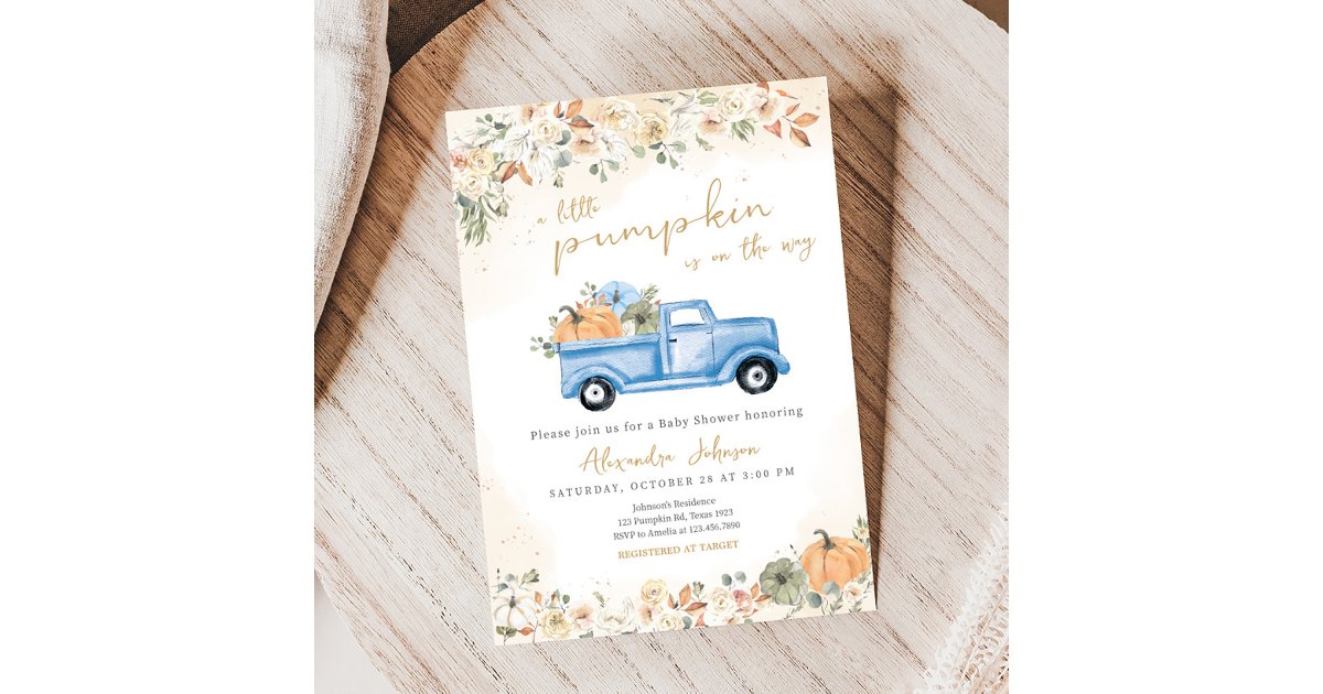 Little Pumpkin Blue Truck Baby Shower Invitation | Zazzle