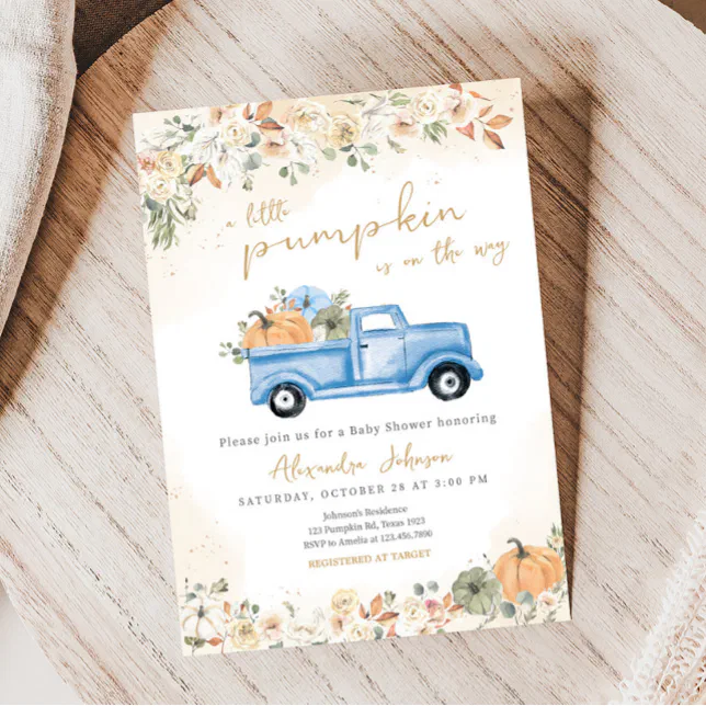 Little Pumpkin Blue Truck Baby Shower Invitation | Zazzle