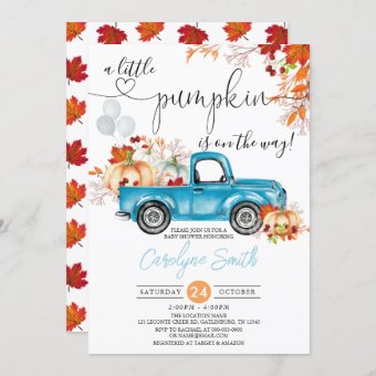 Little Pumpkin Blue Truck Fall Baby Shower Invitation | Zazzle