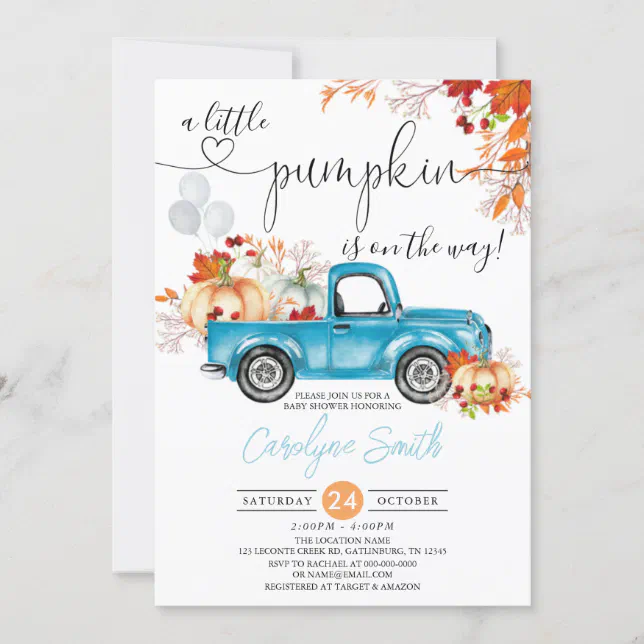 Little Pumpkin Blue Truck Fall Baby Shower Invitation | Zazzle