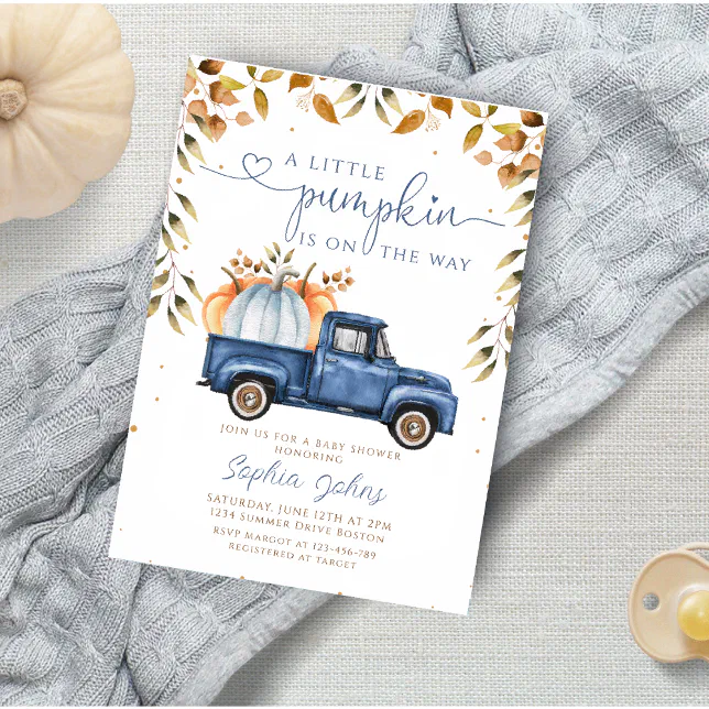 Little Pumpkin Blue Truck Fall boy Baby Shower Invitation | Zazzle