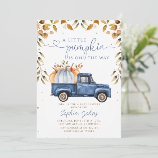 Little Pumpkin Blue Truck Fall boy Baby Shower Invitation | Zazzle