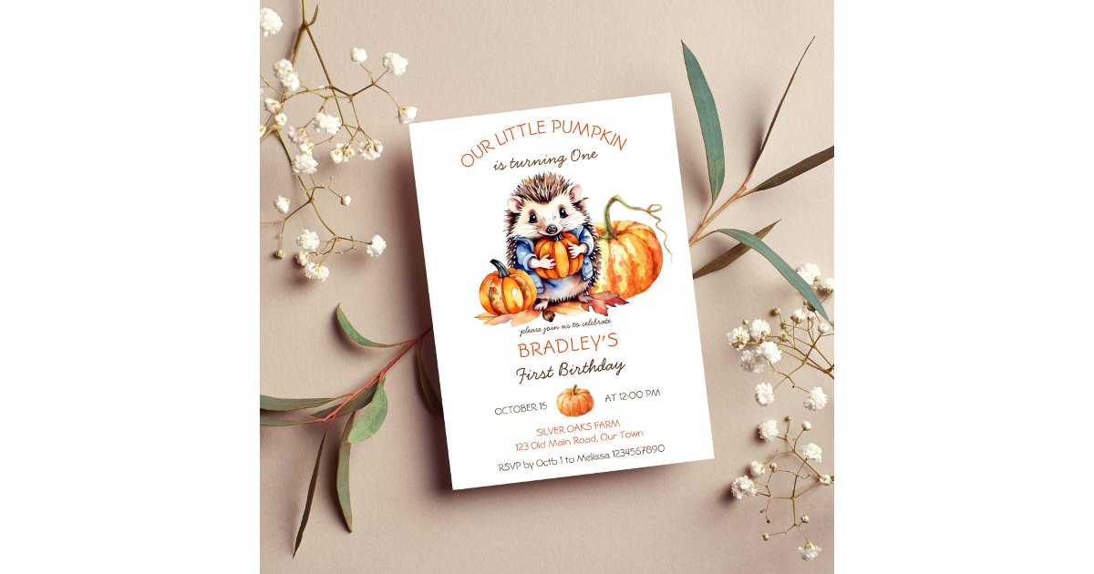 Little pumpkin cute hedgehog pumpkins birthday invitation | Zazzle