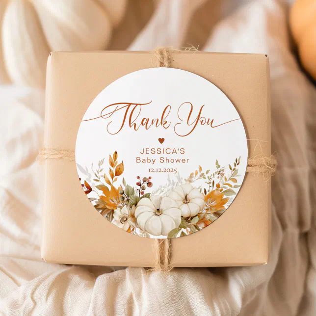 Little pumpkin fall baby shower thank you classic round sticker | Zazzle