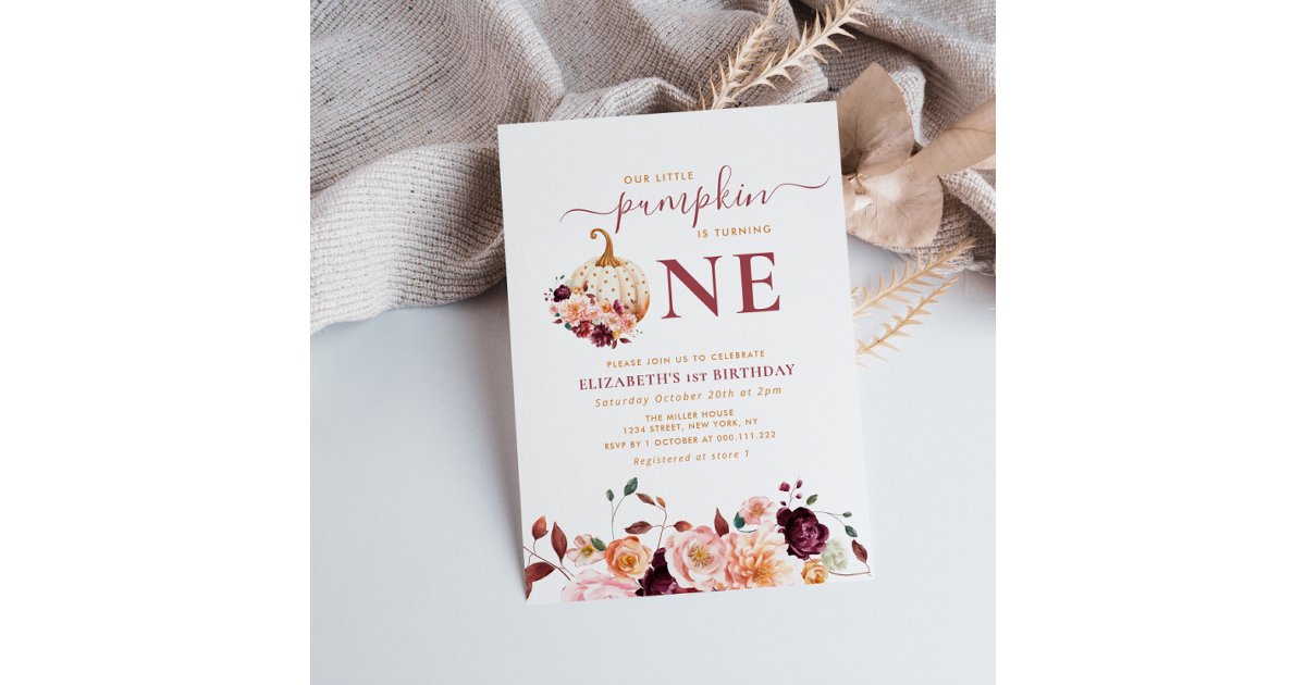 little pumpkin fall floral first birthday invitation | Zazzle