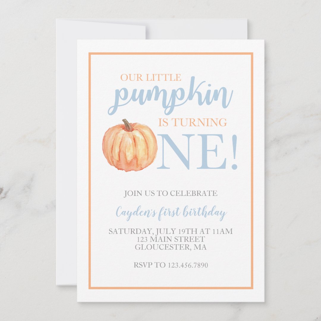 Little Pumpkin Pastel Blue Fall First Birthday Inv Invitation | Zazzle