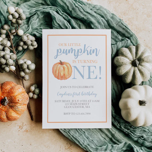 Little Pumpkin Pastel Blue Fall First Birthday Inv Invitation | Zazzle