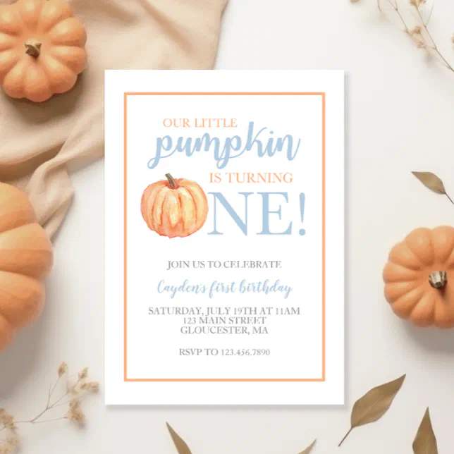 Little Pumpkin Pastel Blue Fall First Birthday Inv Invitation | Zazzle