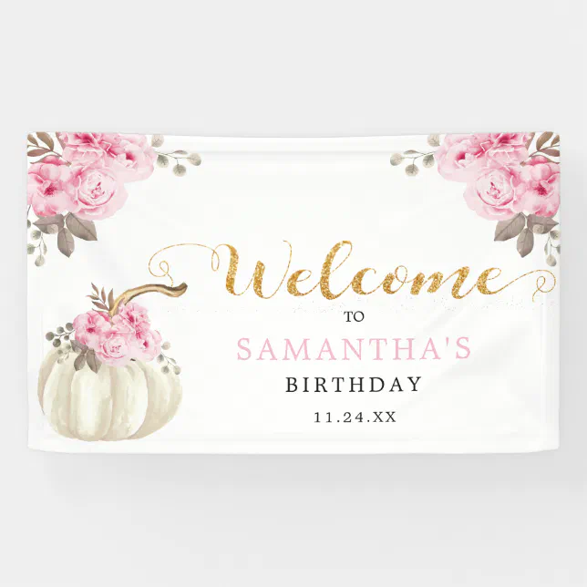 Little Pumpkin Pink Floral Birthday Welcome Banner | Zazzle