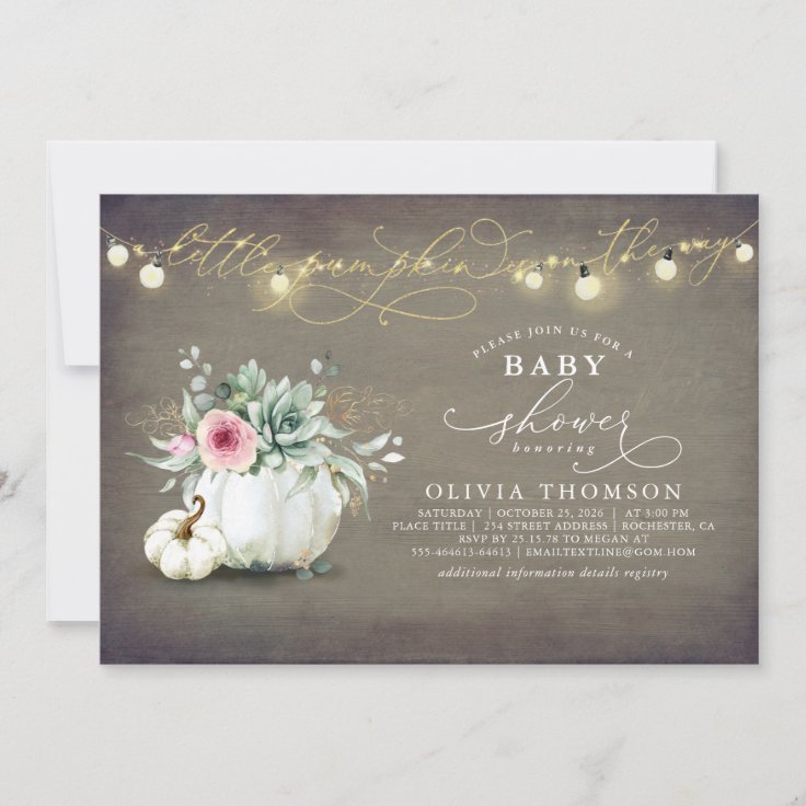 Little Pumpkin Succulents Rustic Fall Baby Shower Invitation | Zazzle