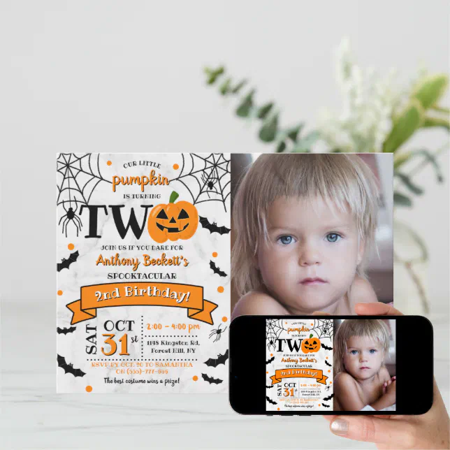 Little Pumpkin Turning Two Halloween 2nd Birthday Invitation | Zazzle