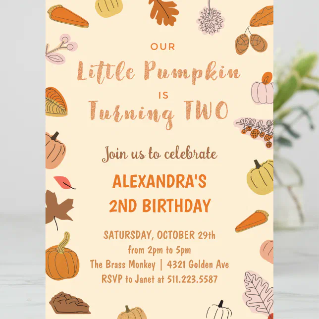 Little Pumpkin Turning two Halloween 2nd Birthday Invitation | Zazzle