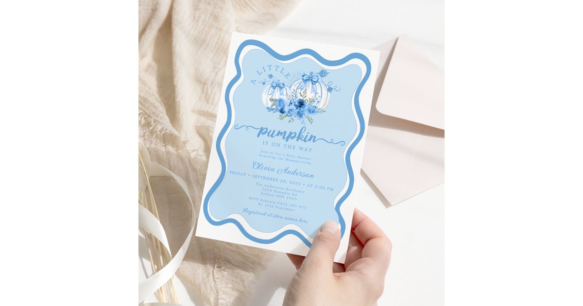 Little Pumpkin Wave Frame Bow Blue Baby Shower Invitation | Zazzle