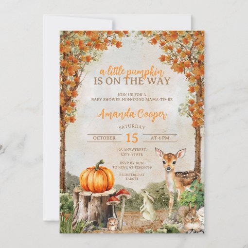 Little Pumpkin Woodland Animals Fall Baby Shower Invitation | Zazzle
