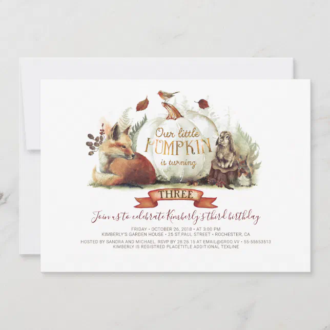 Little Pumpkin Woodland Animals Fall Birthday Invitation | Zazzle