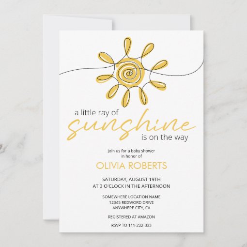 Little Ray Of Sunshine Line Art Sun Baby Shower Invitation | Zazzle