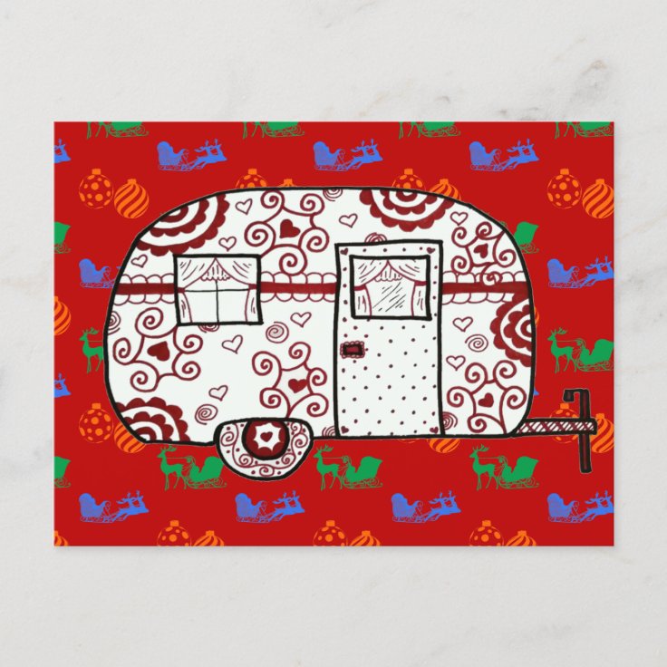 Little red camper Christmas postcard | Zazzle