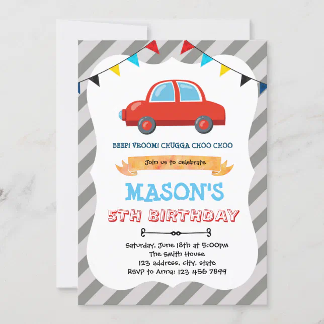 Little red car birthday theme Invitation | Zazzle