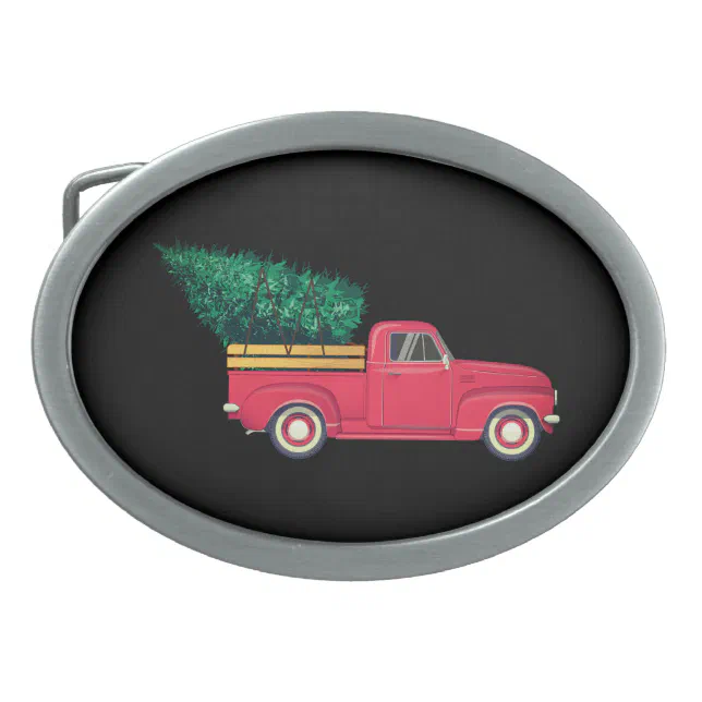 Little Red Truck hauling a Christmas Tree Belt Buckle | Zazzle