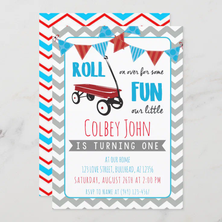 Little Red Wagon Boy's 1st Birthday Grey chevron Invitation | Zazzle