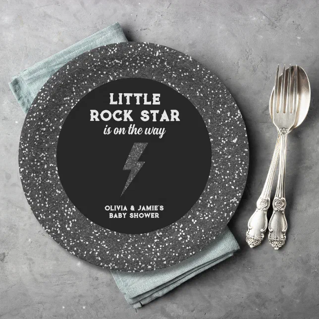 Little Rock Star Black Glitter Edgy Baby Shower Paper Plates | Zazzle