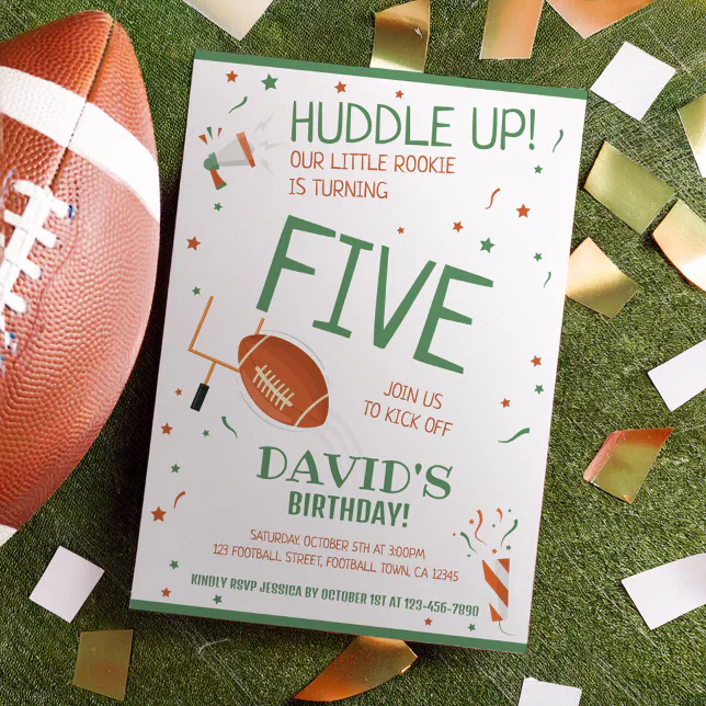 Little Rookie Huddle Up Green Football Birthday Invitation | Zazzle