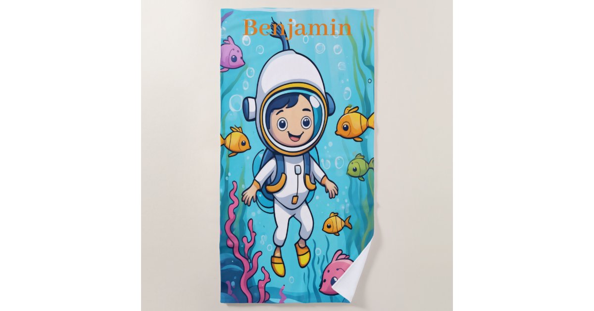 Little Scuba Diver with Sea life in Ocean Beach Towel | Zazzle