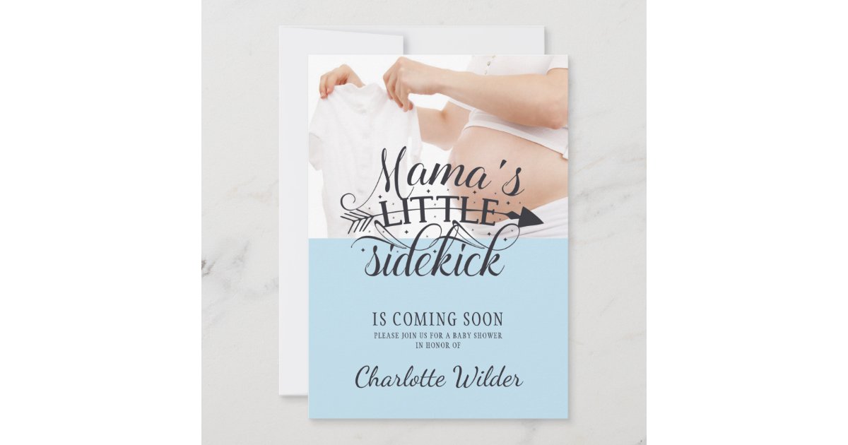 Little Sidekick Baby Bump Blue Boy Baby Shower Inv Invitation | Zazzle