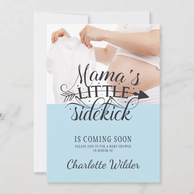 Little Sidekick Baby Bump Blue Boy Baby Shower Inv Invitation | Zazzle