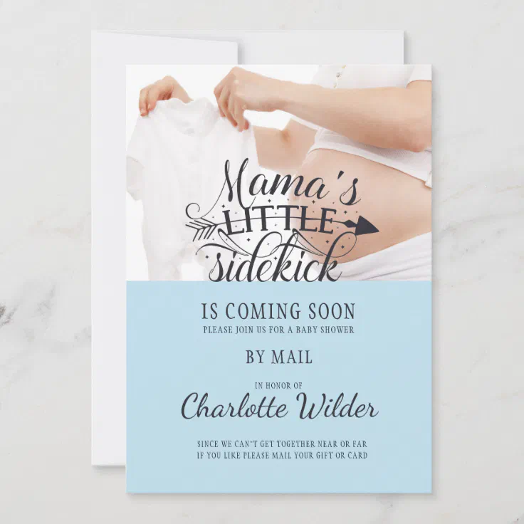 Little Sidekick Baby Bump Blue Boy Shower By Mail Invitation | Zazzle