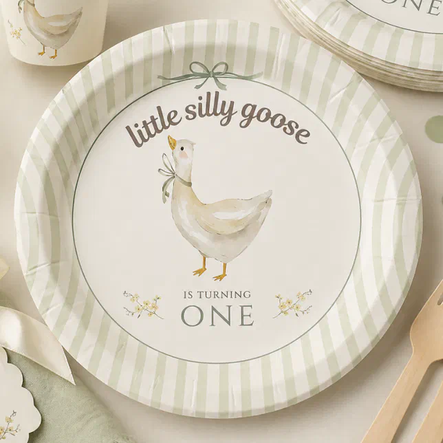 Little Silly Goose Sage Green Birthday Party Paper Plates | Zazzle