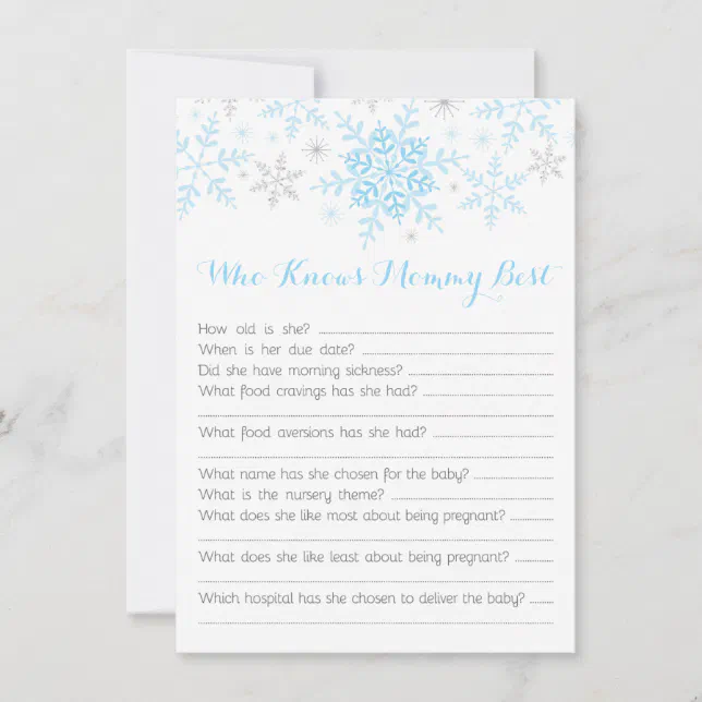 Little Snowflake Baby Boy Shower Mommy Quiz Blue Invitation | Zazzle