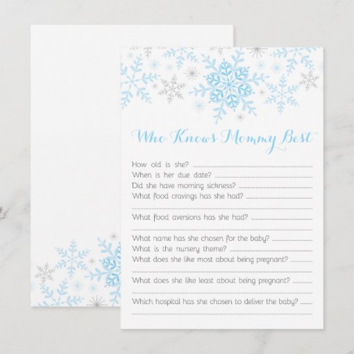 Little Snowflake Baby Boy Shower Mommy Quiz Blue Invitation | Zazzle