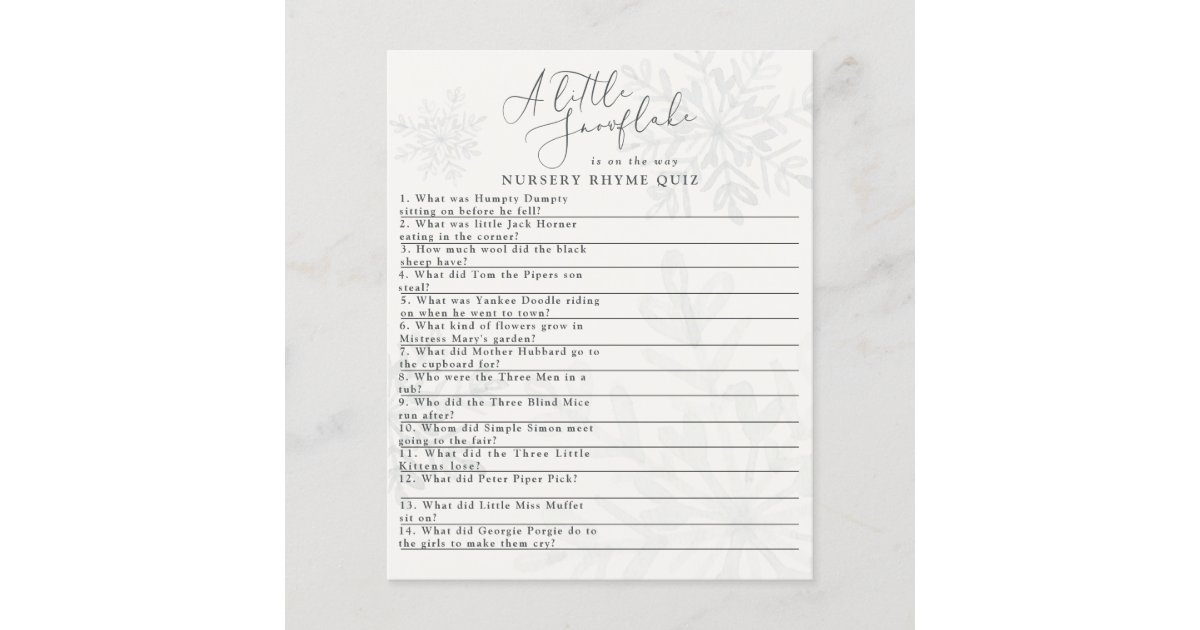 little snowflake winter baby shower rhyme quiz | Zazzle