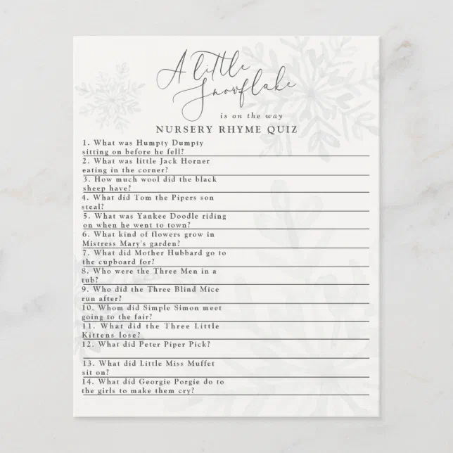 little snowflake winter baby shower rhyme quiz | Zazzle