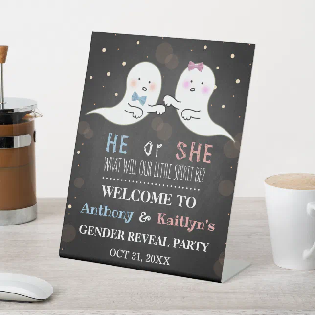 Little Spirit Halloween Ghosts Gender Reveal Party Pedestal Sign | Zazzle
