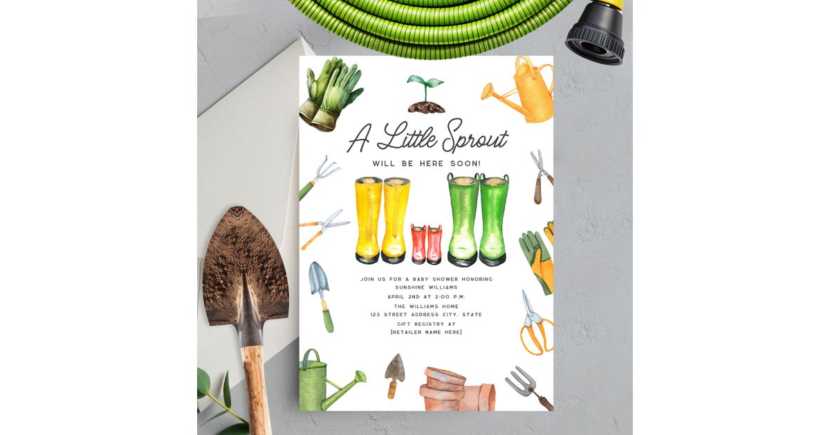 Little Sprout Red Rain Boots Gardening Invitation | Zazzle