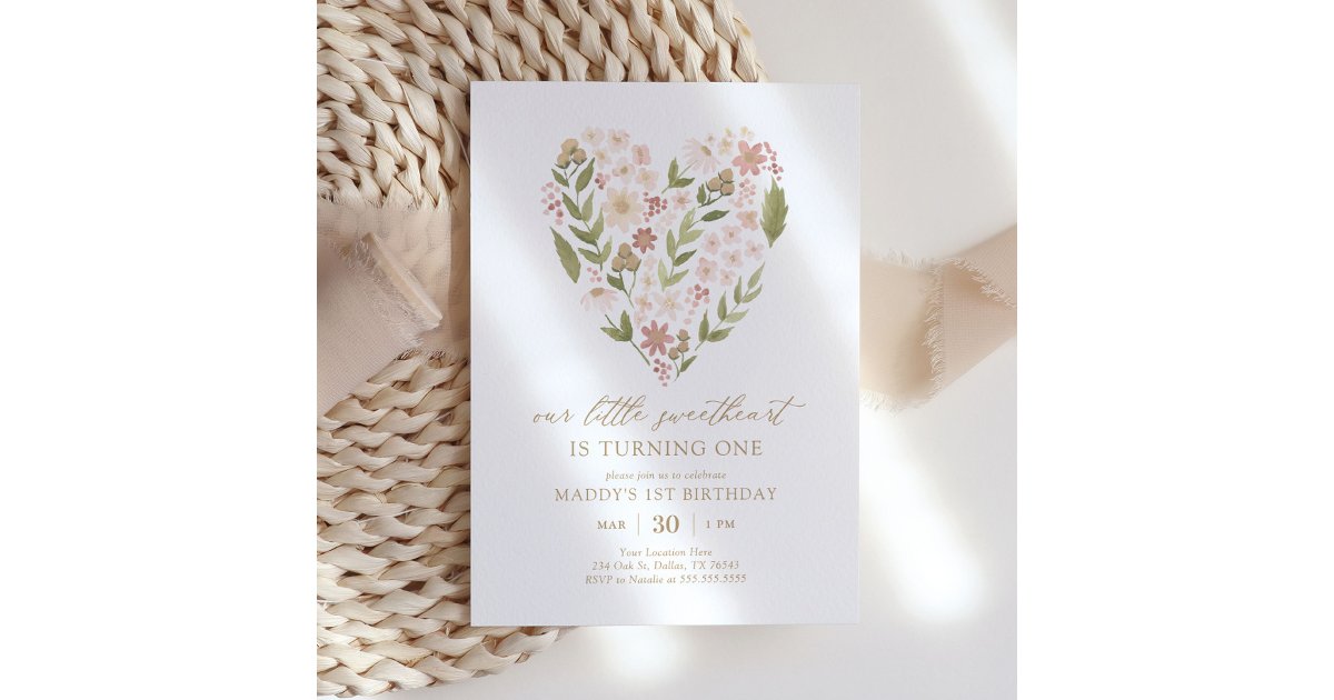 Little Sweetheart Floral Heart Birthday Invitation | Zazzle