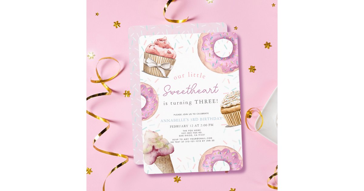 Little Sweetheart Pink Cupcake & Donut Birthday Invitation | Zazzle