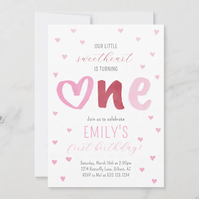 Little Sweetheart Pink Red Hearts 1st Birthday Invitation | Zazzle
