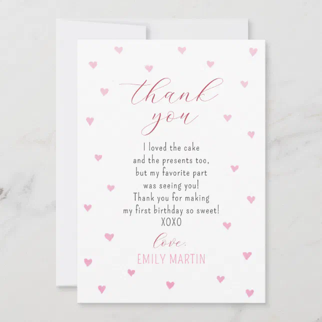 Little Sweetheart Pink Red Hearts 1st Birthday Thank You Card | Zazzle