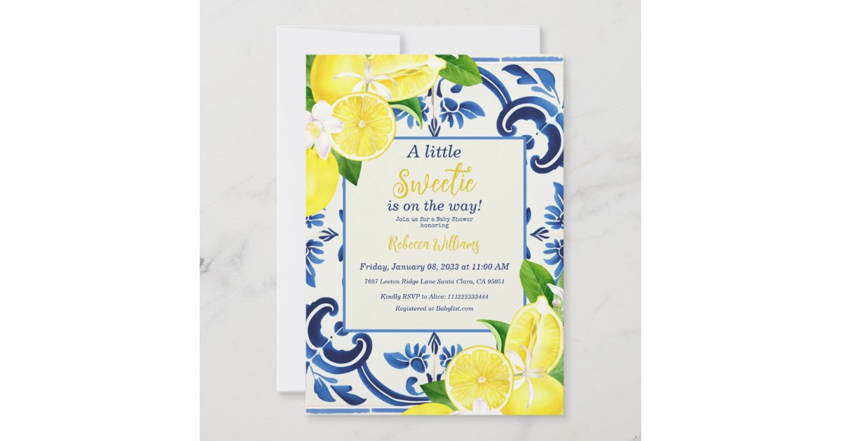 Little Sweetie Blue Tile Lemon Citrus Baby Shower Invitation | Zazzle