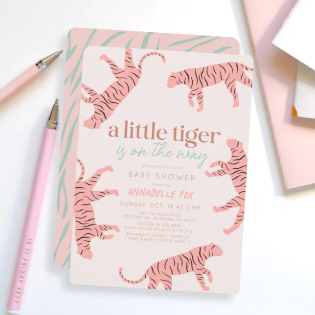 Little Tiger Modern Pink Girl Baby Shower Invitation | Zazzle