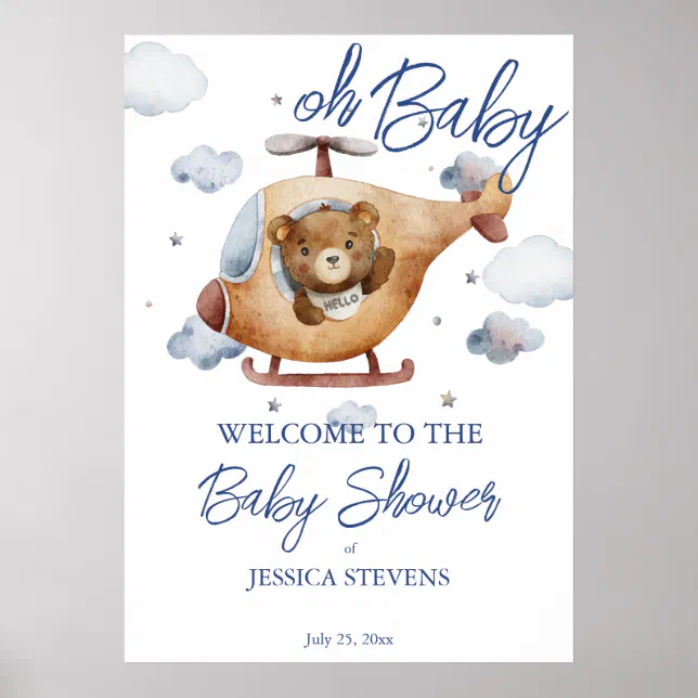 Little tiny pilot helicopter baby shower welcome poster | Zazzle