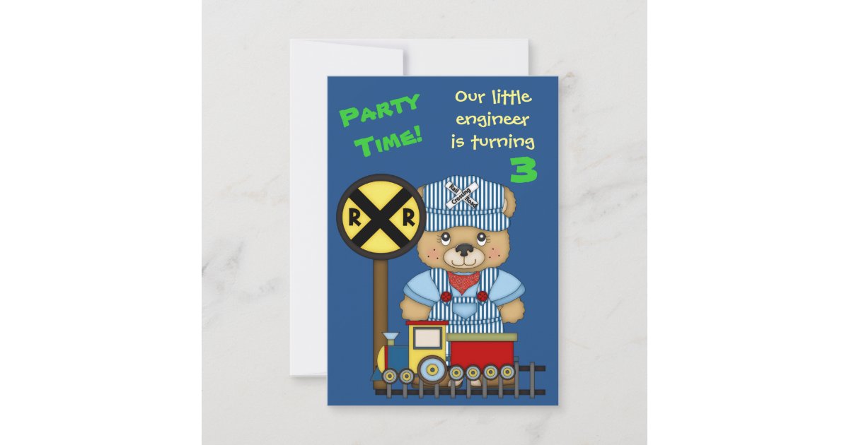 Little Train Engineer Teddy Bear Birthday Party Invitation | Zazzle
