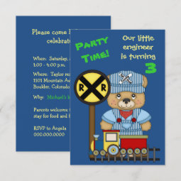 Little Train Engineer Teddy Bear Birthday Party Invitation | Zazzle