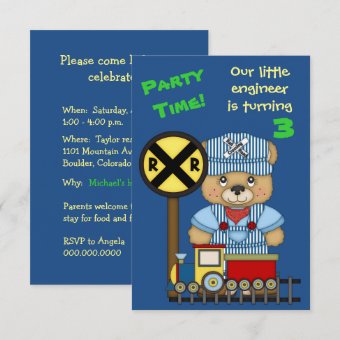 Little Train Engineer Teddy Bear Birthday Party Invitation | Zazzle