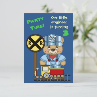Little Train Engineer Teddy Bear Birthday Party Invitation | Zazzle
