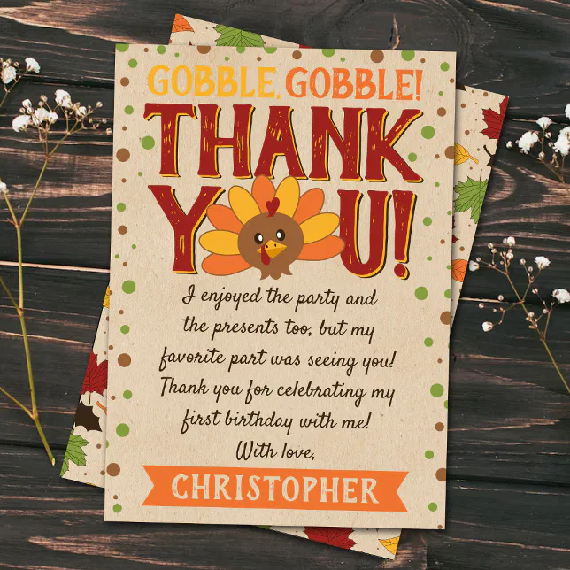 Little Turkey Fall Thanksgiving 1st Birthday Thank You Card | Zazzle